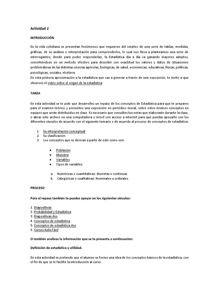 Actividad 2. Conceptos Básicos de Estadística | PDF | Estadísticas | Muestreo (Estadísticas)