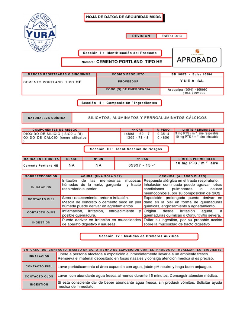Cemento Yura Tipo HE - Cemento Yura Tipo HE-YURA | PDF | Cemento | Agua