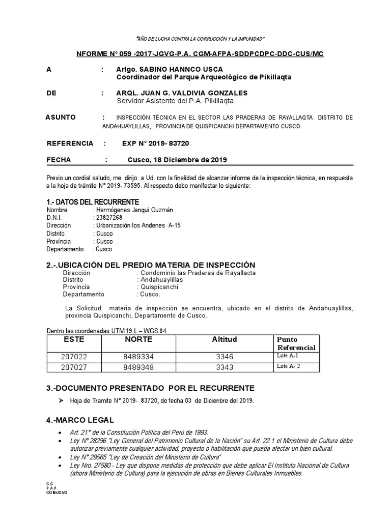 Informe de Inspec Sector Las Praderas de Rayallacta | PDF