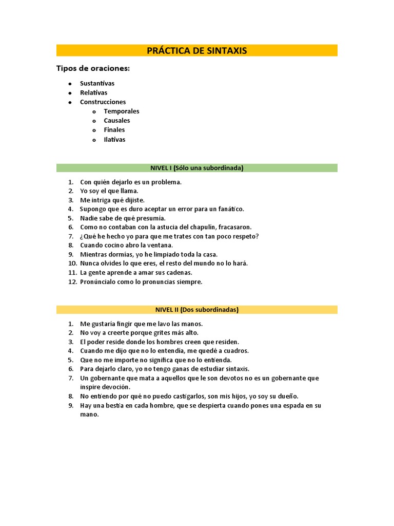 Práctica Sintaxis (2ºBACH) Por Niveles | PDF