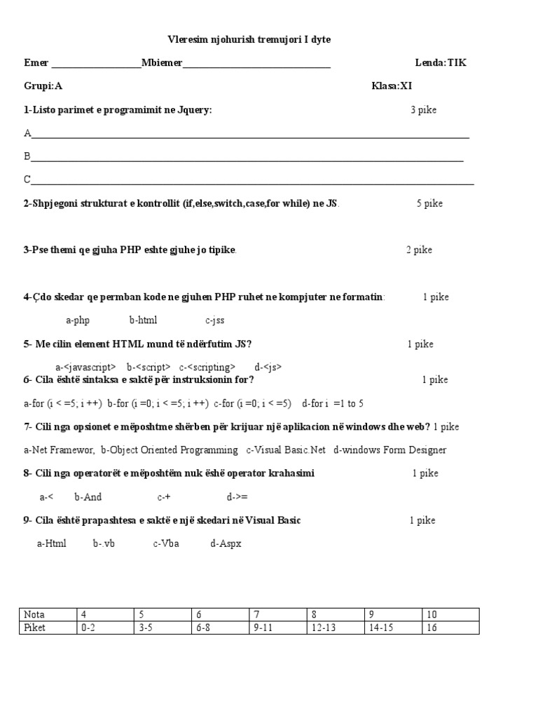 Vleresim Njohurish Tremujori I Dyte Tik 11 | PDF