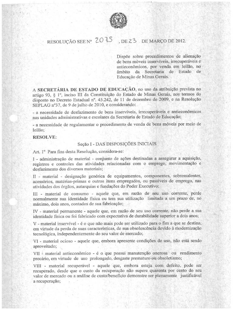 Resolução See N° 2075 De 23 De Março De 2012 Alienação De Bens