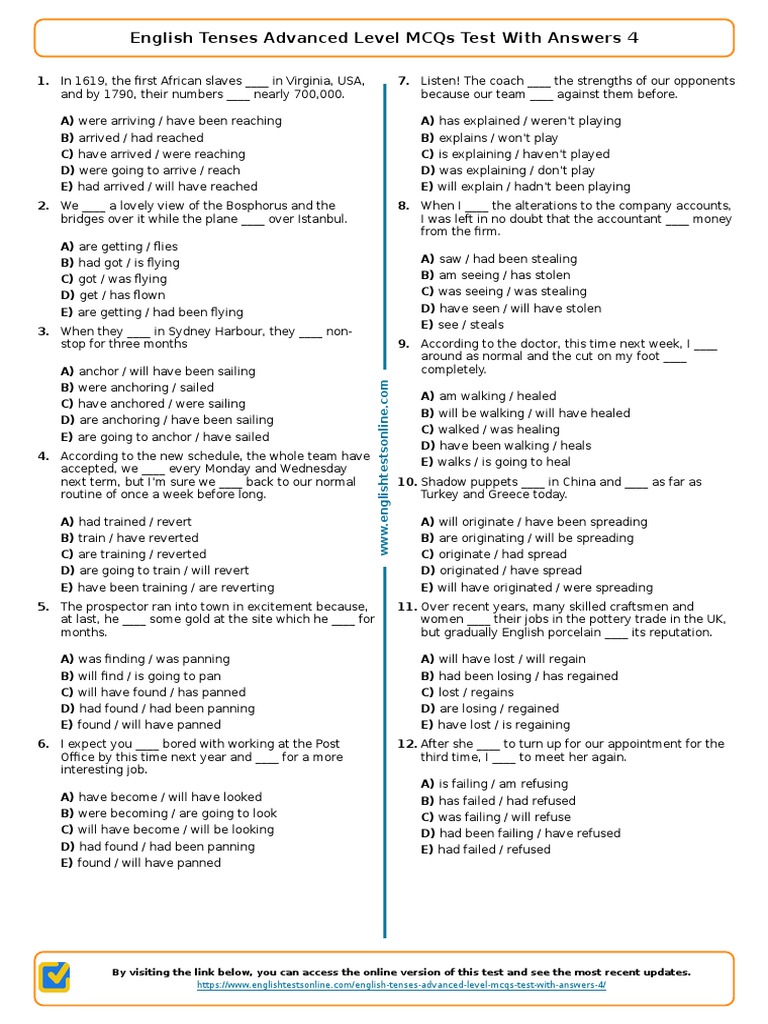 Advanced English Tenses MCQs Test | PDF