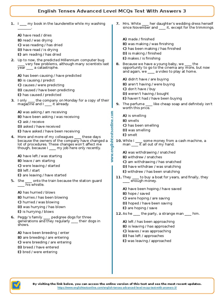 Advanced English Tenses MCQs Test | PDF | Multiple Choice | Recycling
