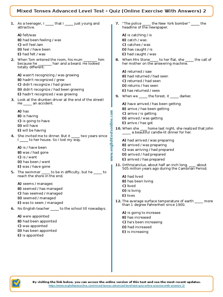 324 - Mixed Tenses Advanced Level Test Quiz Online Exercise With ...