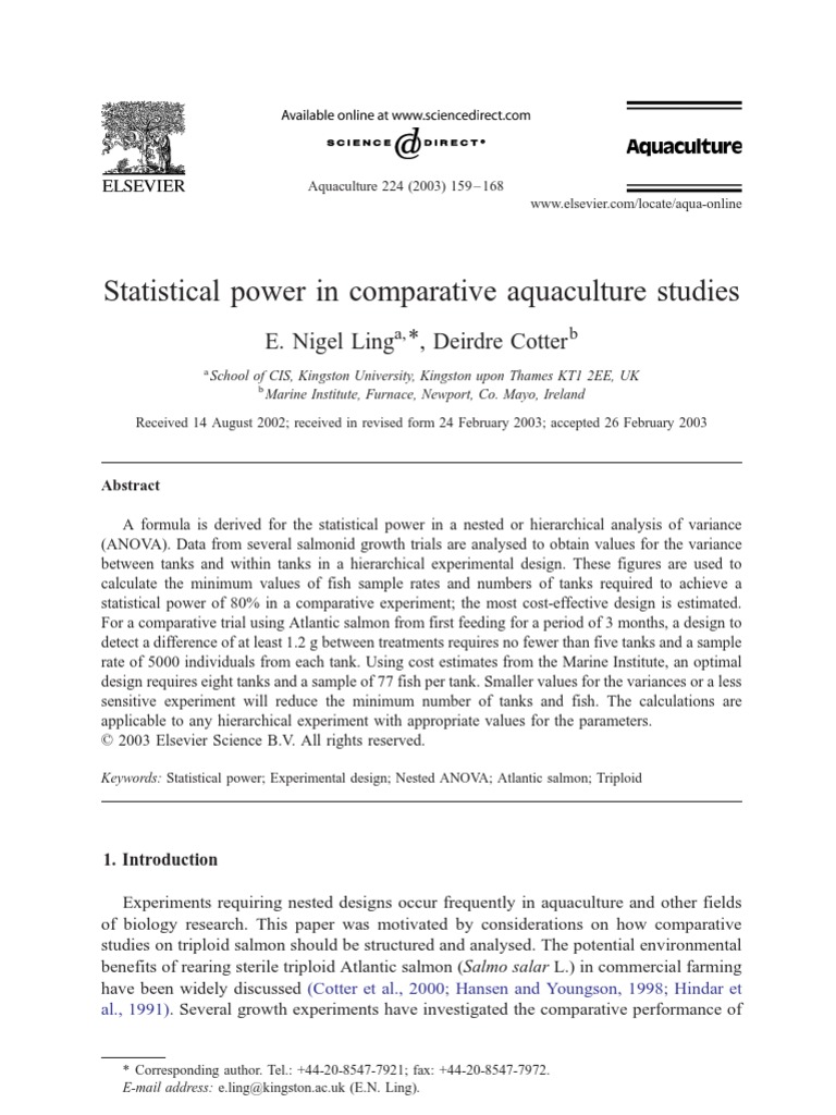Statistical Power in Comparative Aquaculture Studies: E. Nigel Ling, Deirdre Cotter | PDF ...