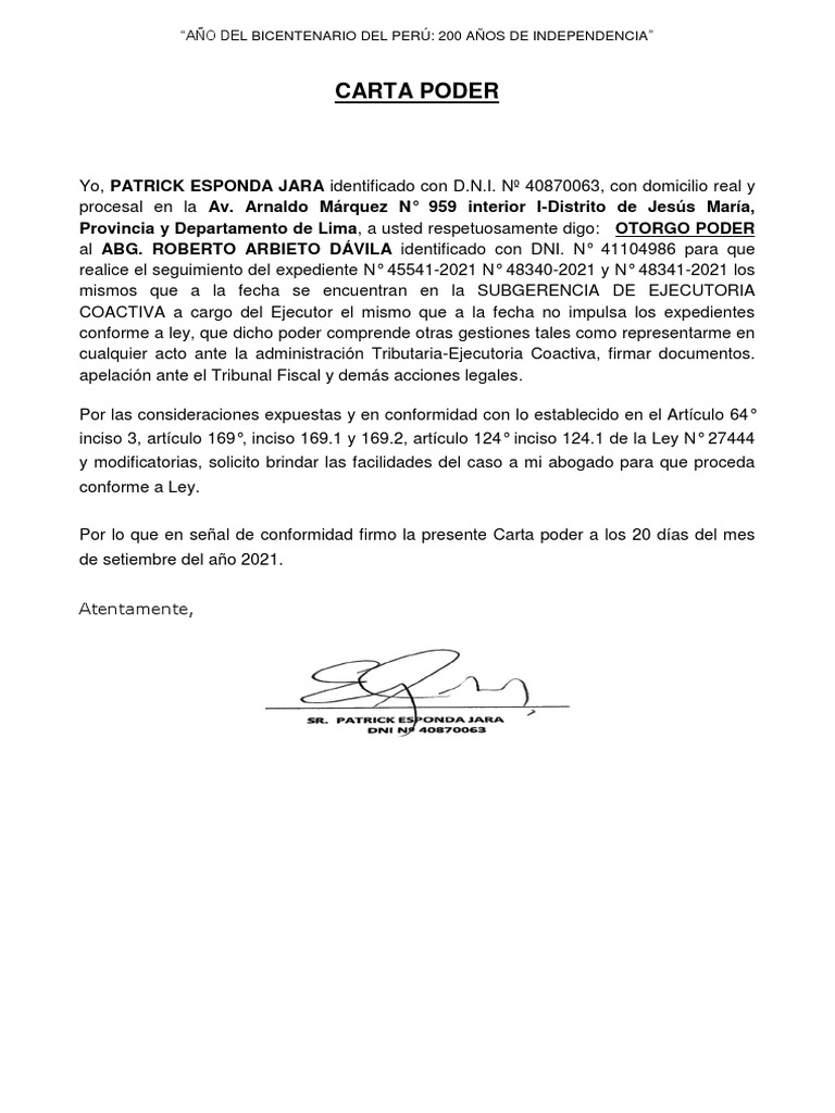 Carta Poder Simple Esponda Jara | PDF | Gobierno | Justicia