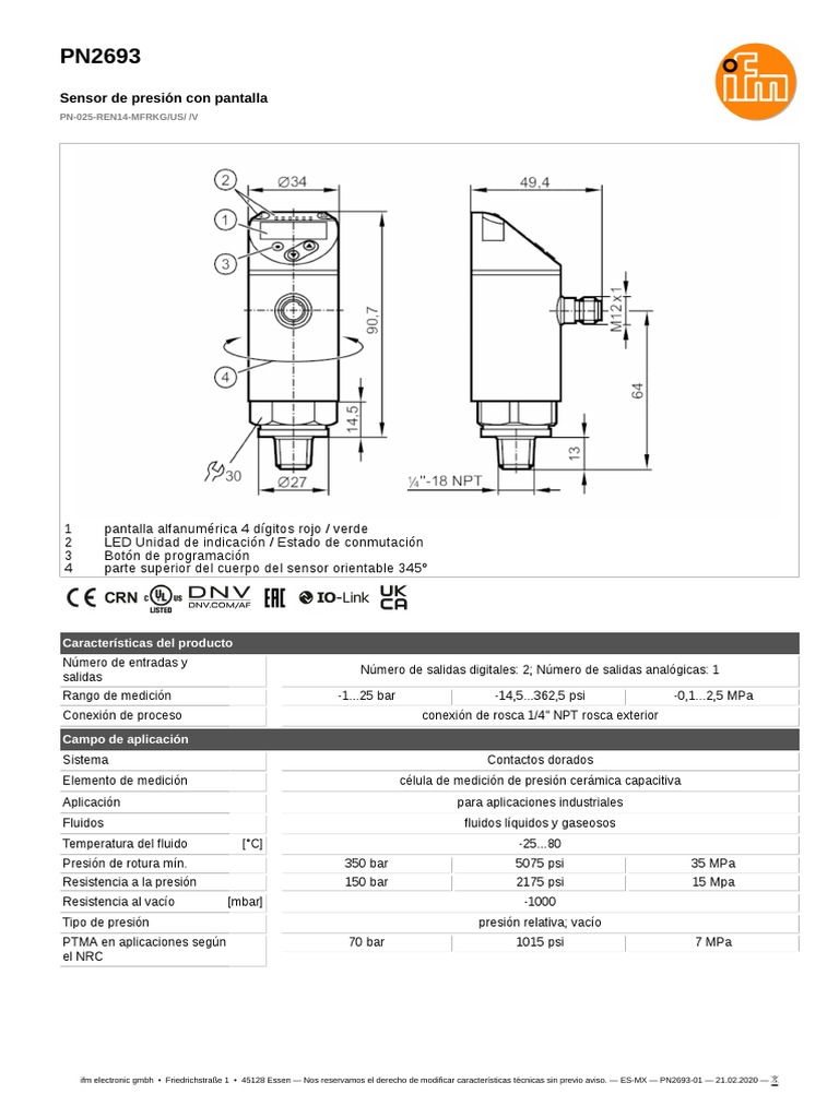 Ifm - PN2693 - Transmisor de Presion | PDF | Diodo emisor de luz ...