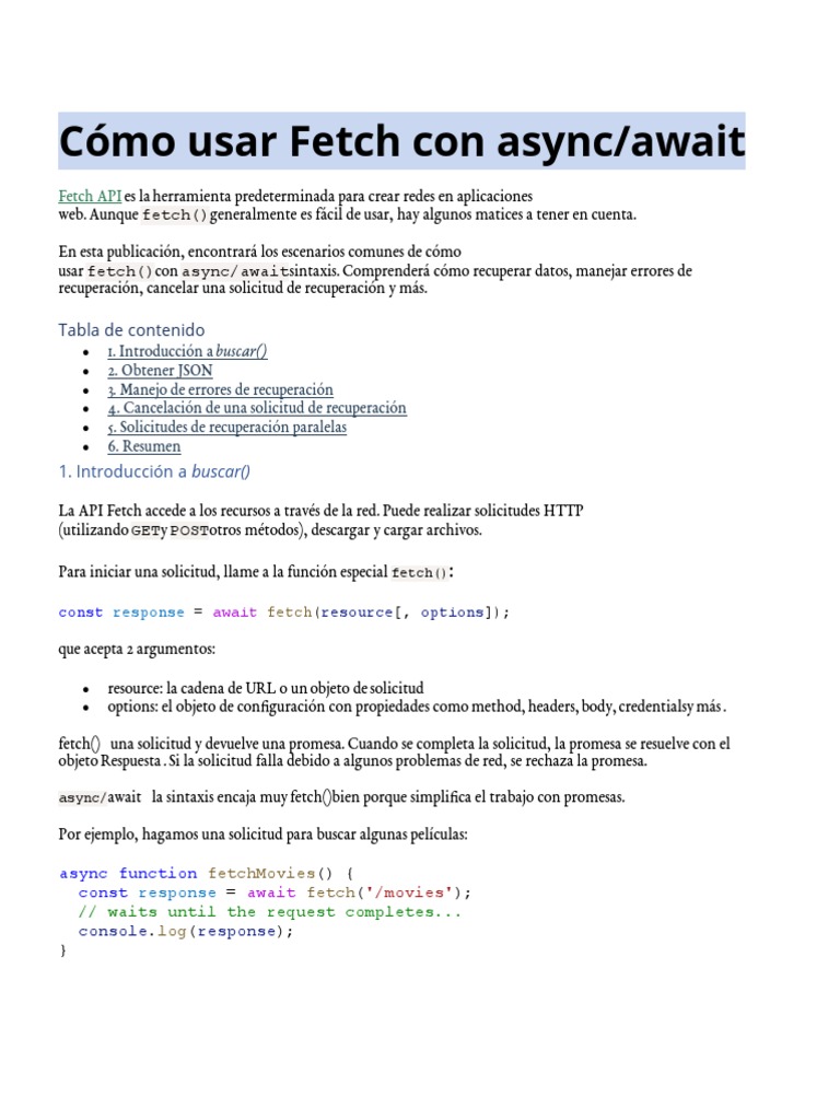 Cómo Usar Fetch Con Async | PDF | Protocolo de Transferencia de Hipertexto | Json