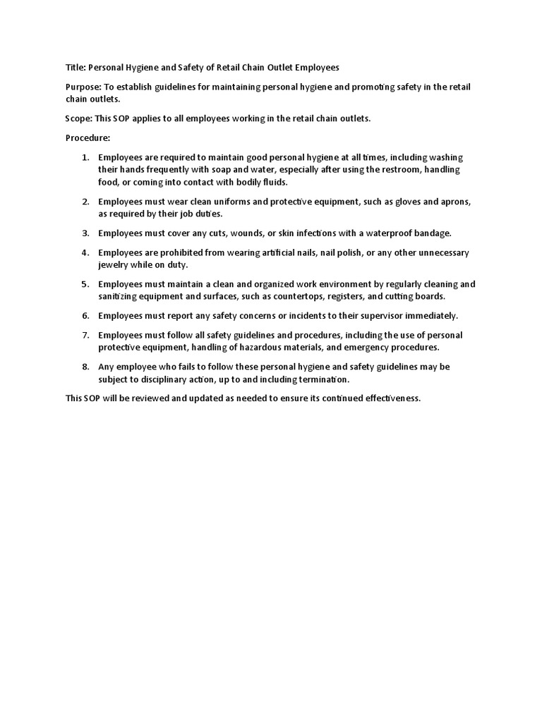 Standard Operating Procedure - PersonalHygeine&Safety | PDF