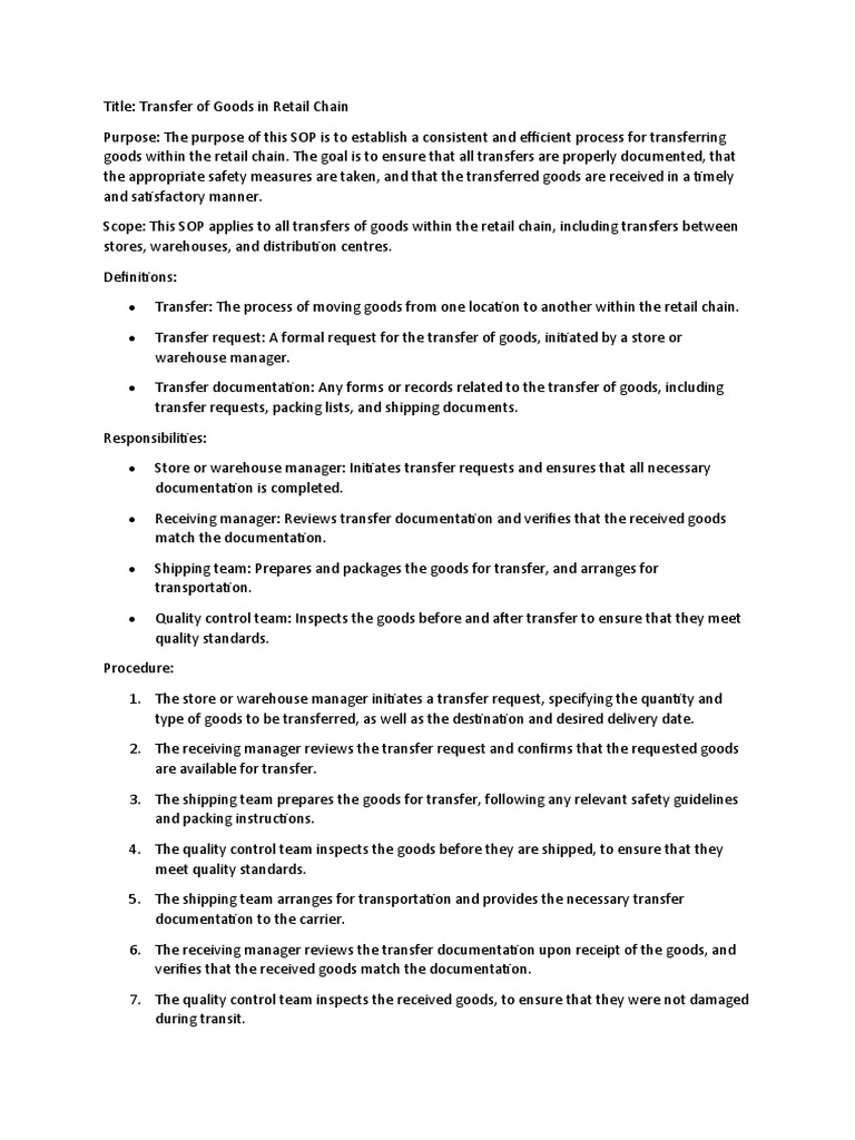 Efficient Goods Transfer SOP | PDF | Warehouse | Retail