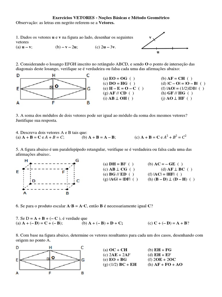 Exercícios VETORES Noções Básicas e Método Geométrico | PDF | Vetor ...