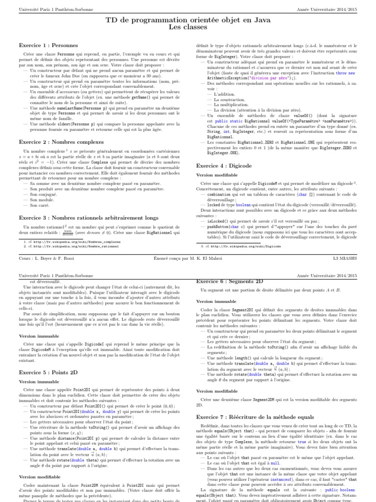 TD Programmation Orientée Objet Java | PDF | Classe (informatique) | Division