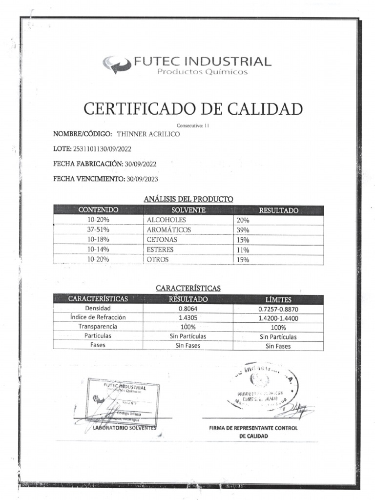 Certificado de Calidad Thinner Acrílico 480 (Futec Industrial) 20 | PDF