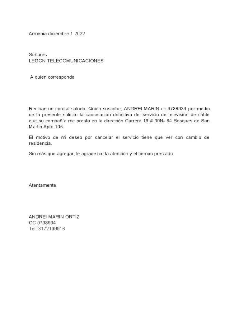 Modelo Carta de Cancelación de Servicio de Cable | PDF