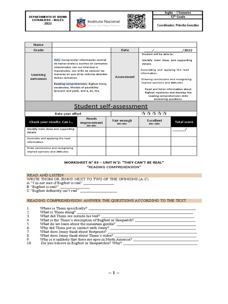 Handout 3 Skills - Unit 2 - 4 Medio | PDF | Bigfoot | Cognition