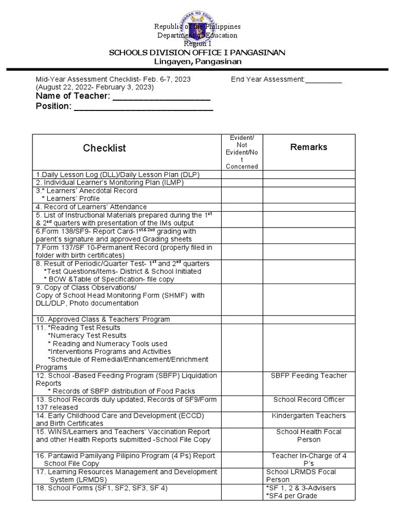 MID YEAR ASSESSMENT Checklist Feb 6 72023 Edited | PDF | Learning