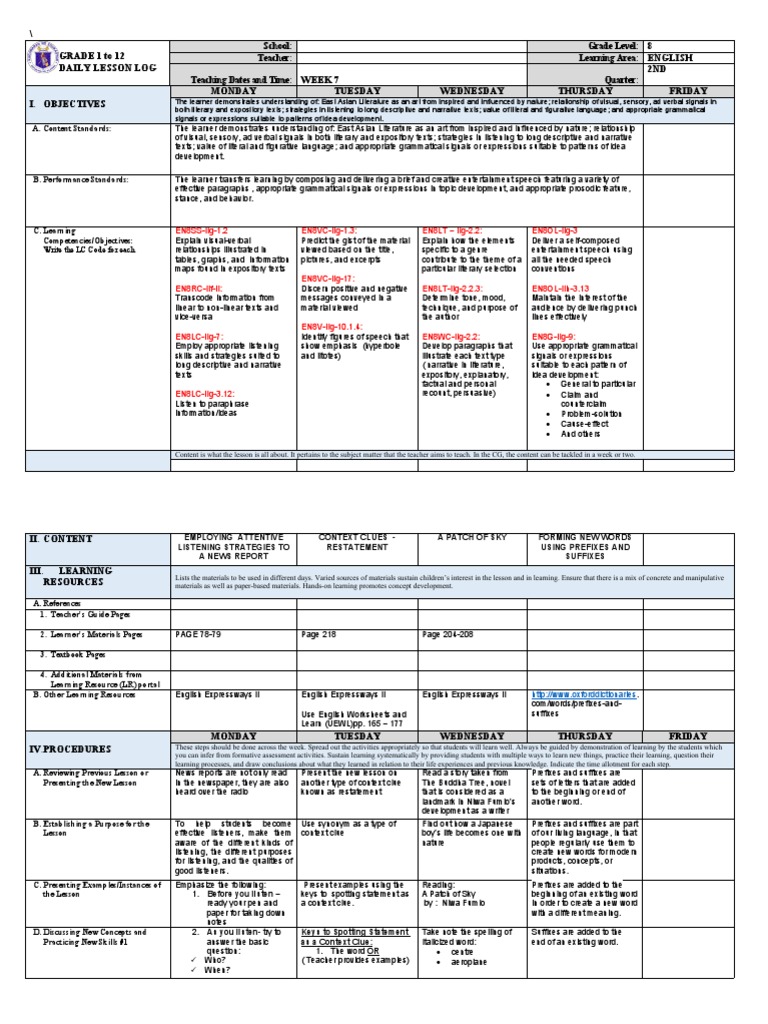 DLL ENG8 2NDQ 7th Week Edited | PDF | Learning | Teachers