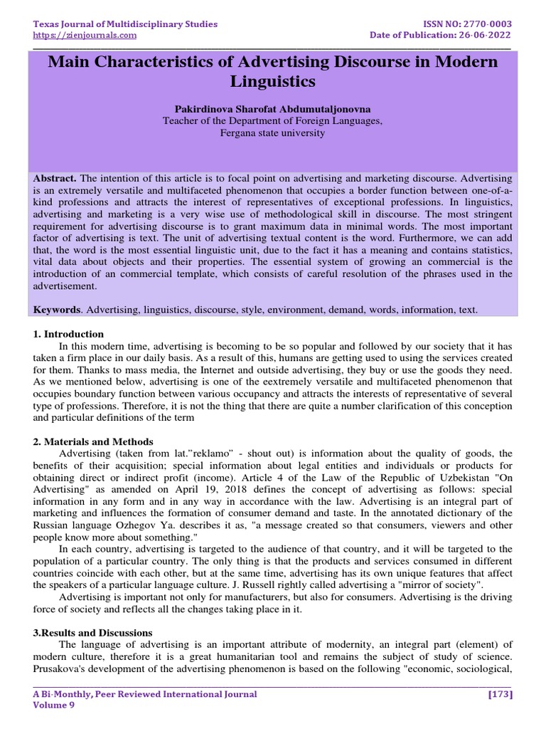 Main Characteristics of Advertising Discourse in Modern Linguistics ...