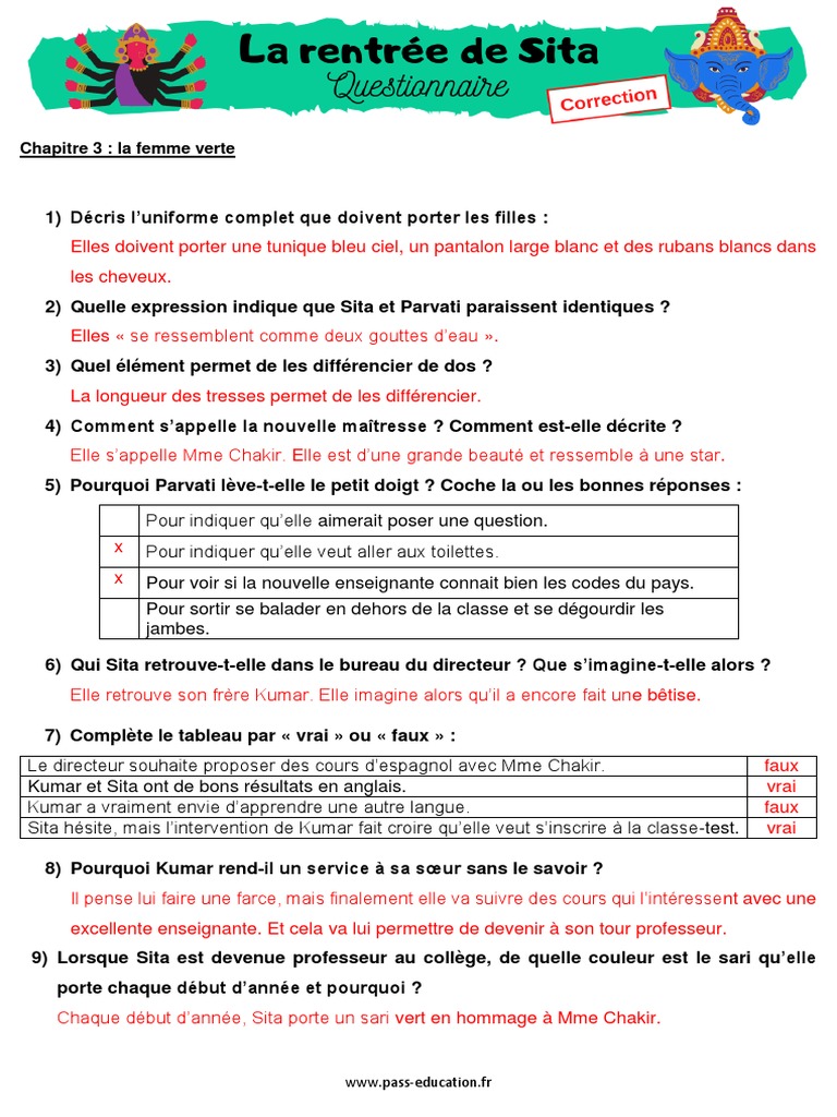 3 G La Rentree de Sita Questionnaire Chapitre 3 Correction 4eme 5eme ...