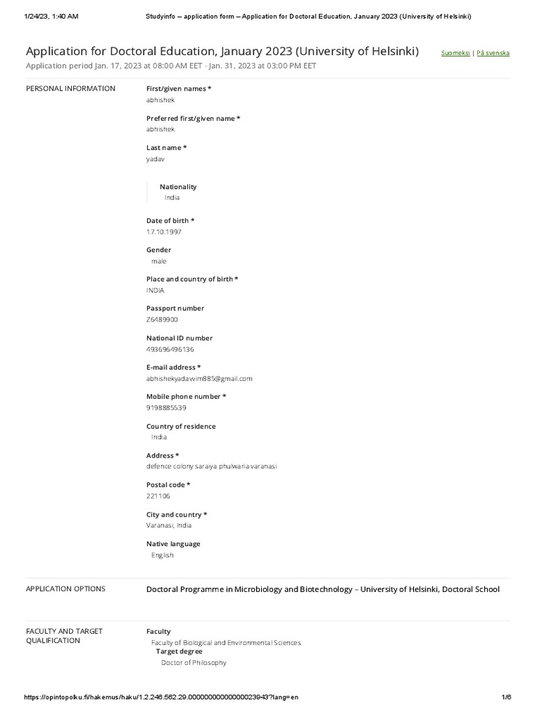 Studyinfo – application form – Application for Doctoral Education ...