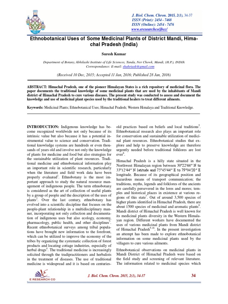 Ethnobotanical Uses of Some Medicinal Plants of District Mandi Himachal ...