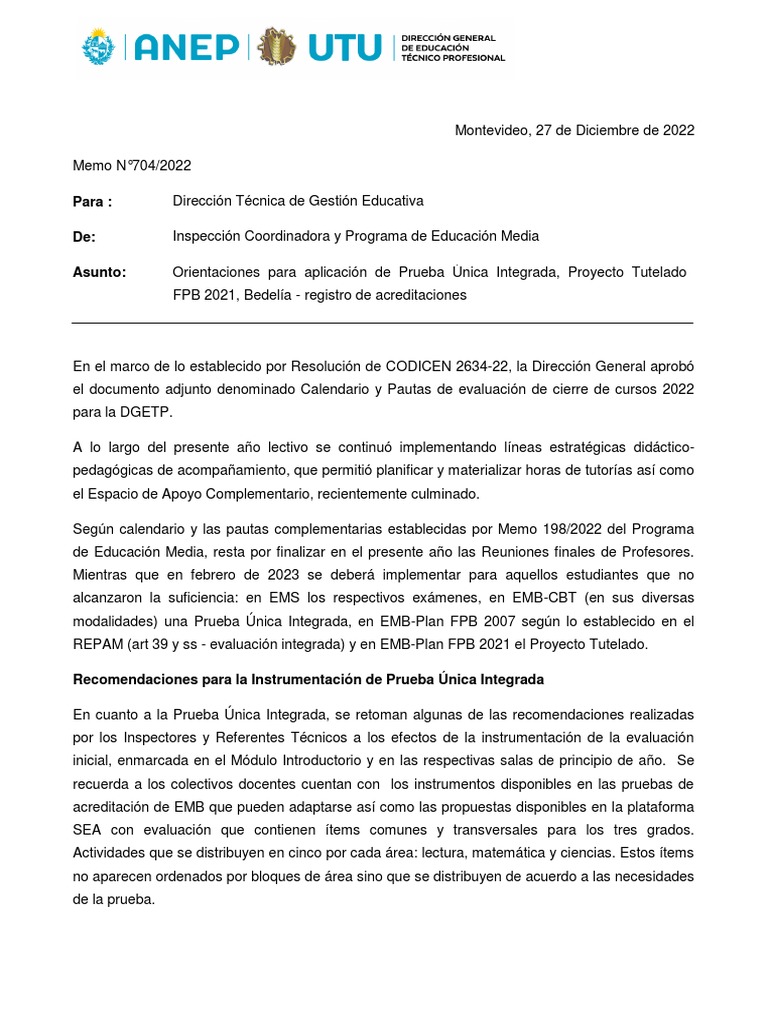 MEMO 704 2022 Orientaciones para Aplicación de Prueba Única Integrada Proyecto Tutelado FPB 2021 ...