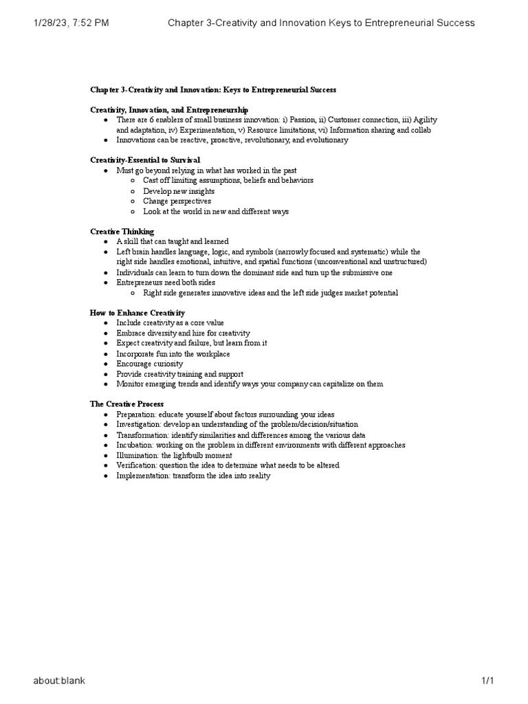 Chapter 3-Creativity and Innovation Keys To Entrepreneurial Success | PDF | Entrepreneurship ...