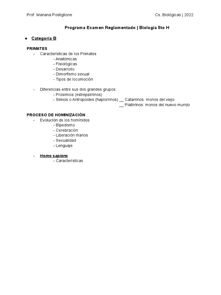 Programa Examen Reglamentado CAT B Biología 5to H | PDF | Ciencias ...