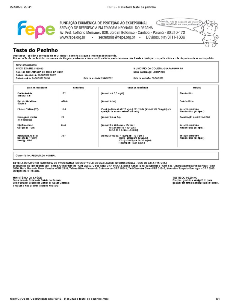 FEPE - Resultado Teste Do Pezinho | PDF | Especialidades médicas ...