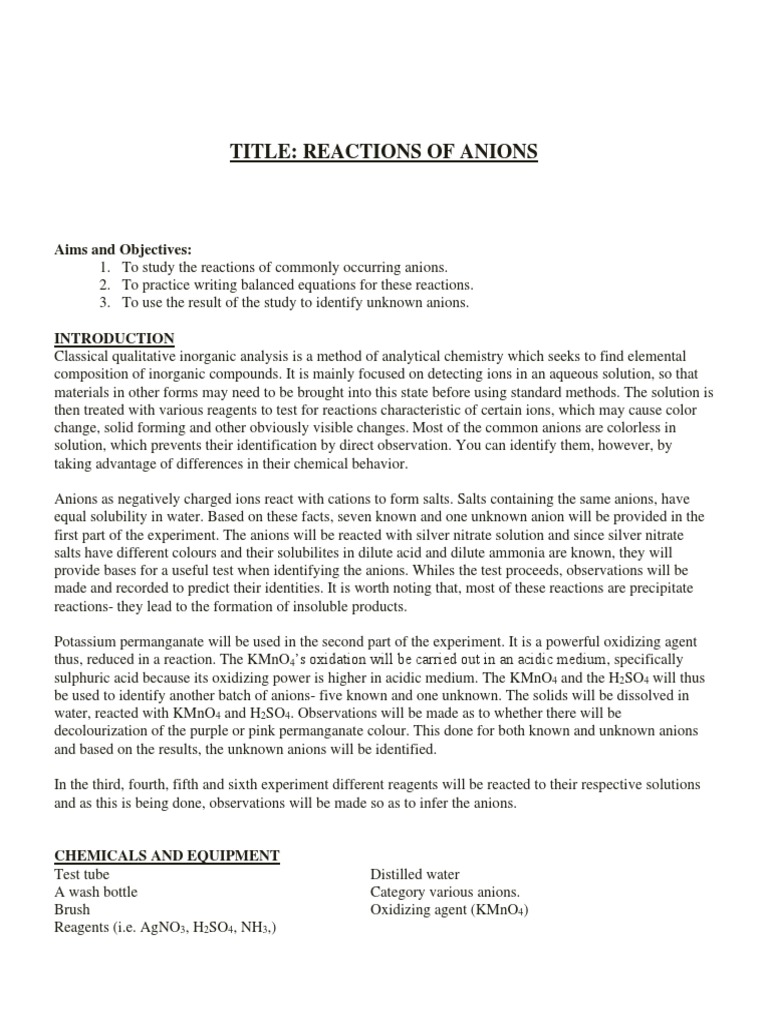 Reactions of Anions I | PDF | Chemistry | Chemical Substances