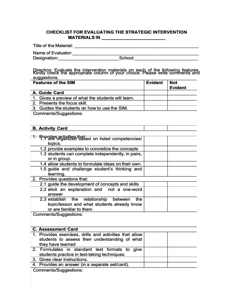 Checklist For Evaluating Sim | PDF | Learning | Teachers
