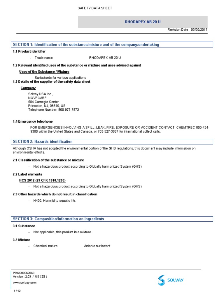 Rhodapex AB 20 U MSDS | PDF | Toxicity | Safety