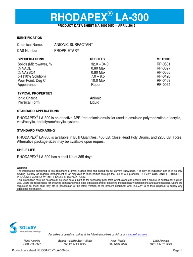 Rhodapex LA 300 TDS | Download Free PDF | Emulsion | Ion