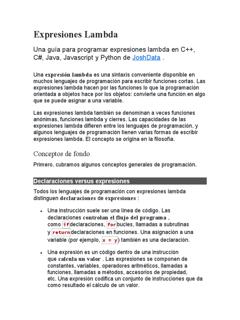 Expresiones Lambda | PDF | Función anónima | Lenguaje de programación