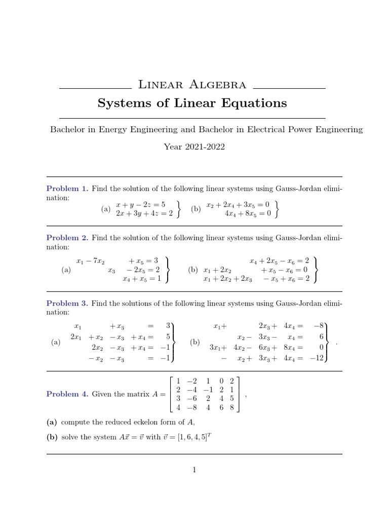 Problems1 Linear Algebra UC3M | PDF | System Of Linear Equations | Matrix (Mathematics)