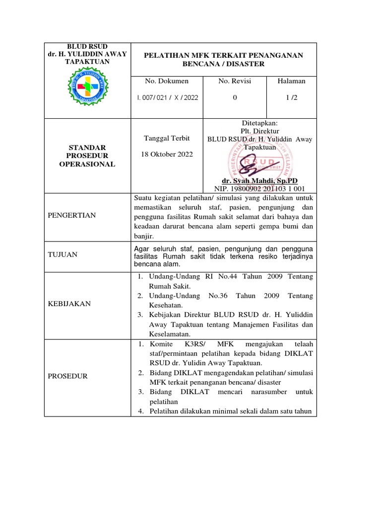 SOP Pelatihan MFK Terkait Penanganan Bencana (Disaster) | PDF | Pengembangan Diri | Sains ...