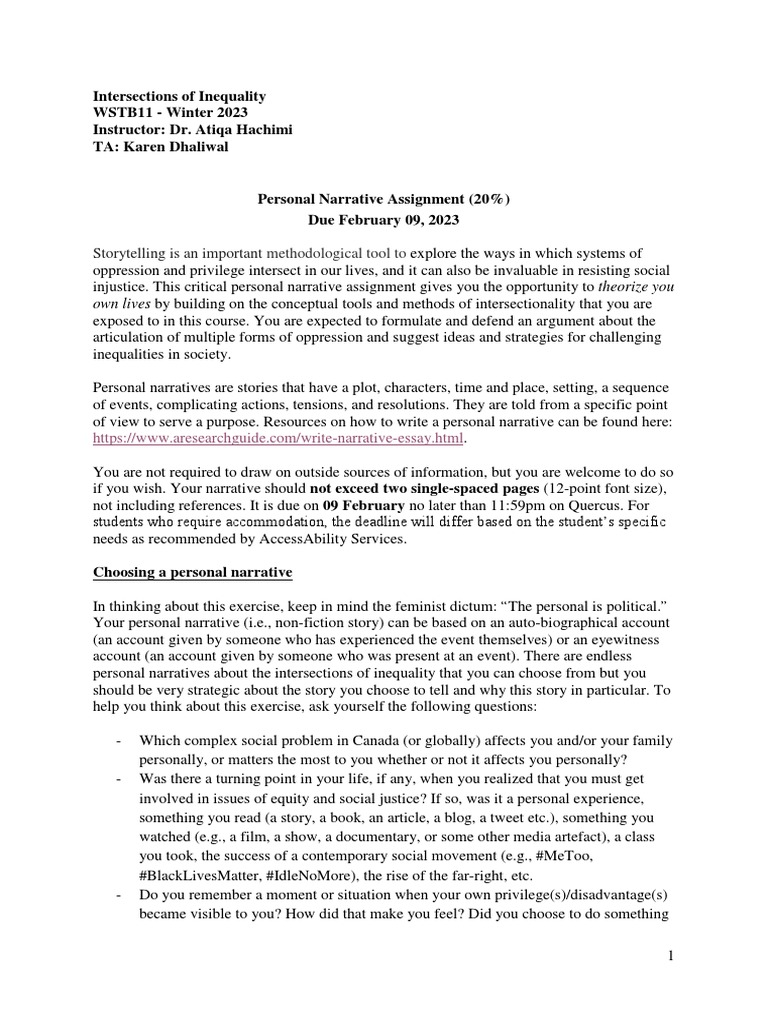 WSTB11 2023 Assignment 1 Guidelines - Personal Narrative | PDF ...