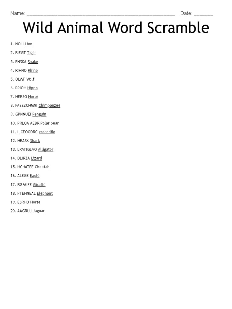 Wild Animal Word Scramble Answer Key | PDF