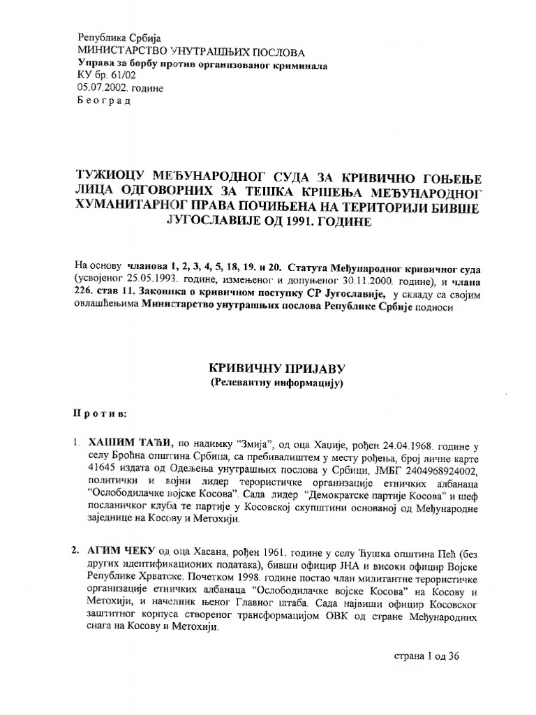 Krivicna Prijava Taci Ceku2002 | PDF
