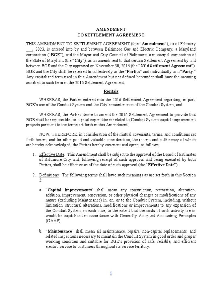 Amendment To Conduit Settlement Agreement Between BGE and Baltimore ...