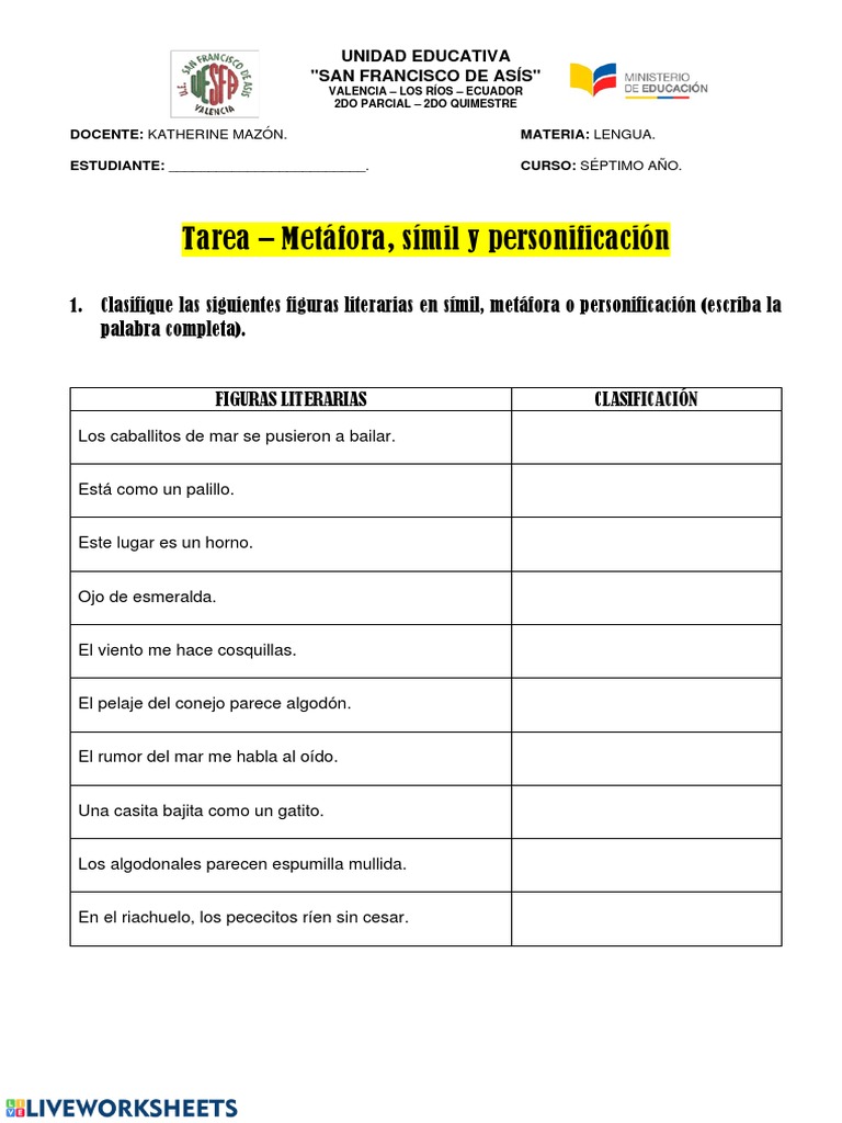 Prueba de Símil Metáfora y Personificación | PDF