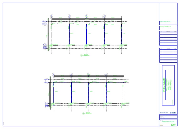 Structural framing plan for a four-column building showing column ...