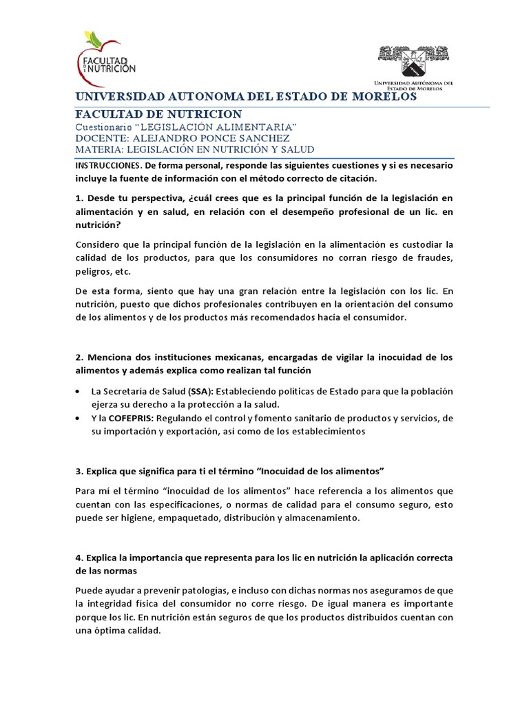 Cuestionario Legislación Alimentaria 1 | PDF | Seguridad alimenticia | Alimentos