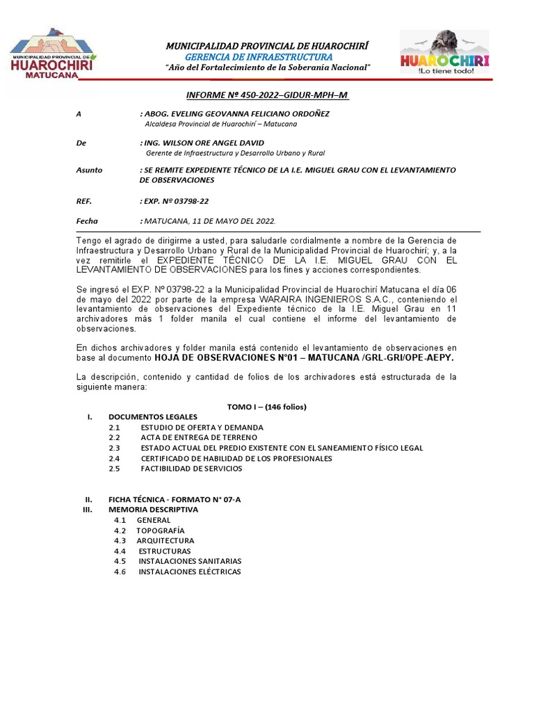 Informe #450-2022 Levantamiento de Observaciones Miguel Grau | PDF