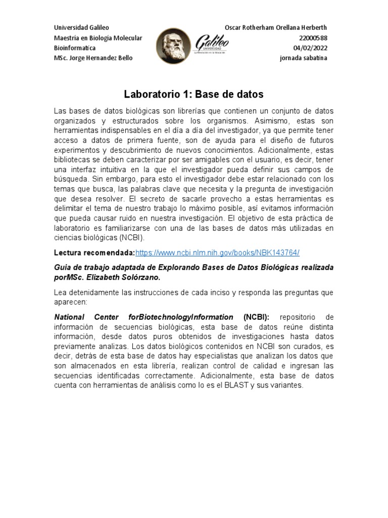 2022 - Lab1 - Basededatos - Oscar Orellana | PDF | Centro Nacional de Información Biotecnológica ...