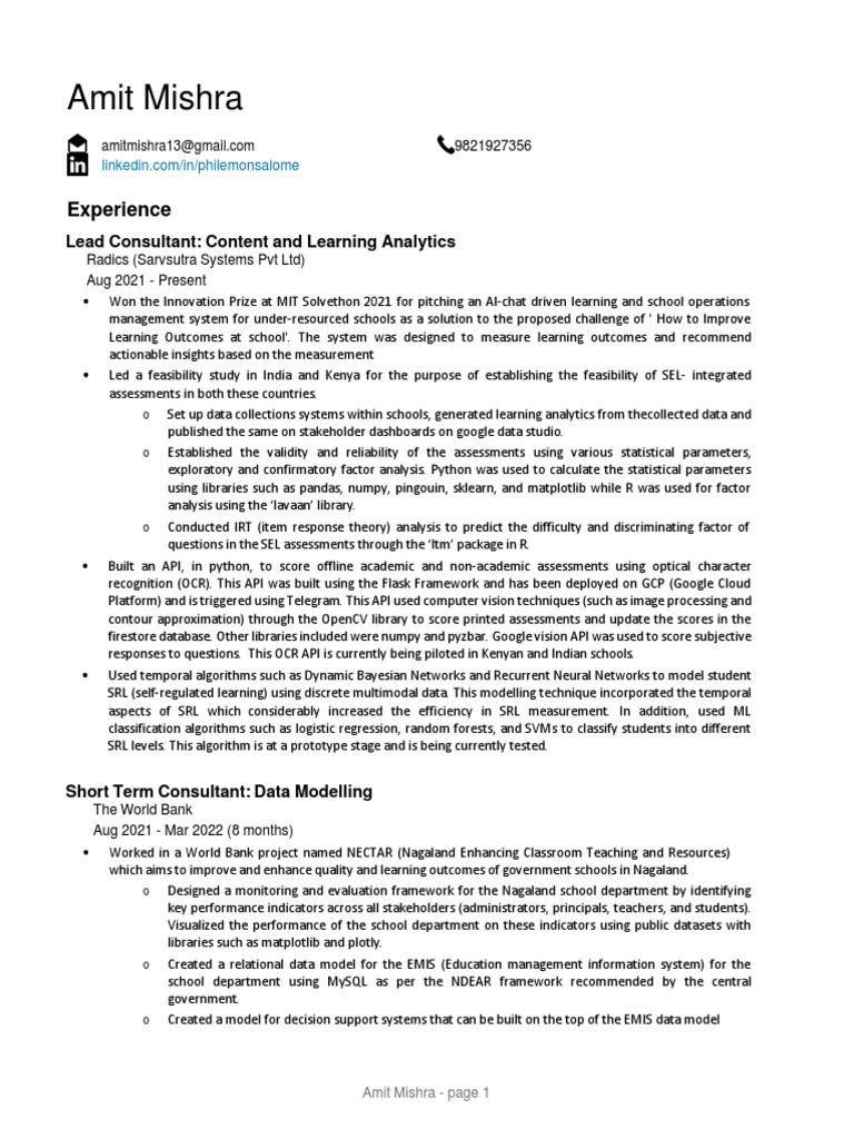 Amit Mishra's Resume: Experience in Data Analytics, Consulting ... Amit Mishra's Resume: Experience in Data Analytics, Consulting ...