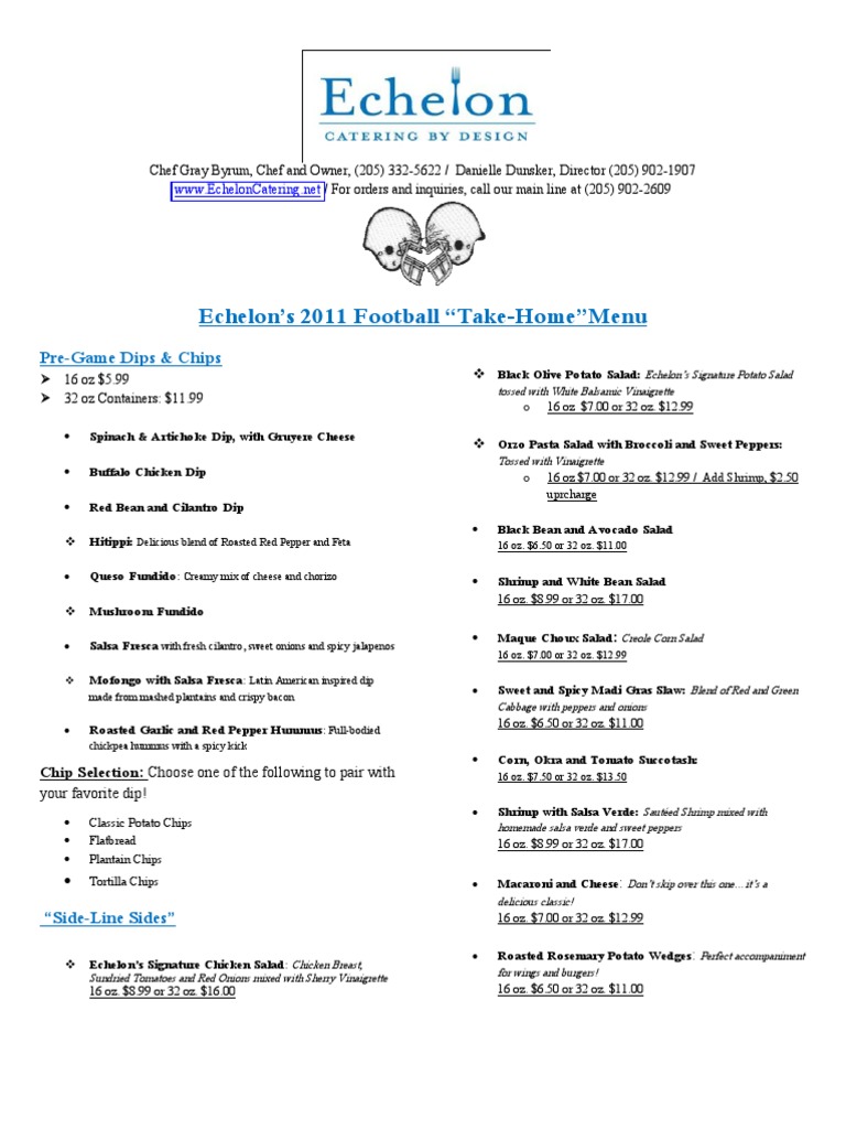 Echelon's 2011 Football "Take-Home"Menu: Pre-Game Dips & Chips ...