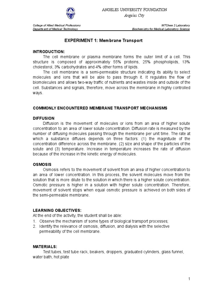 Membrane Transport Lab Guide | PDF | Osmosis | Cell Membrane