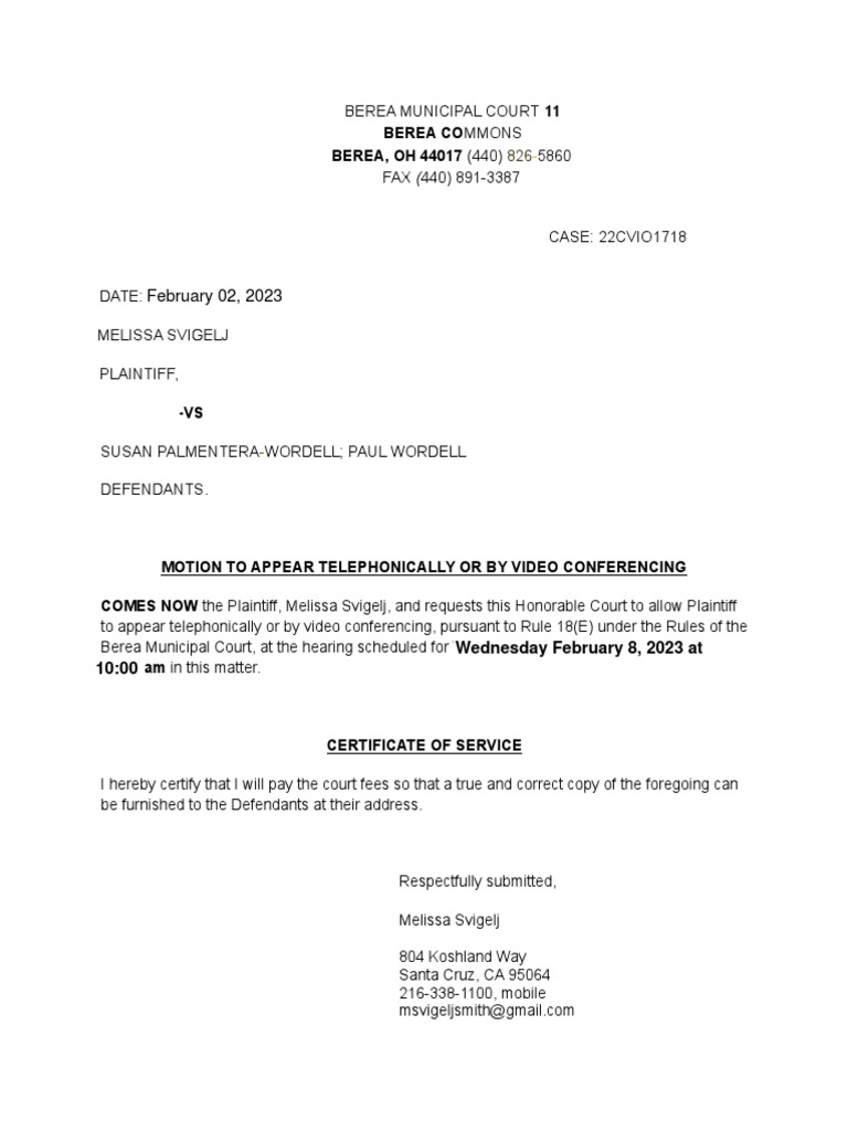 Berea Court Telephonic Appearance Request | PDF